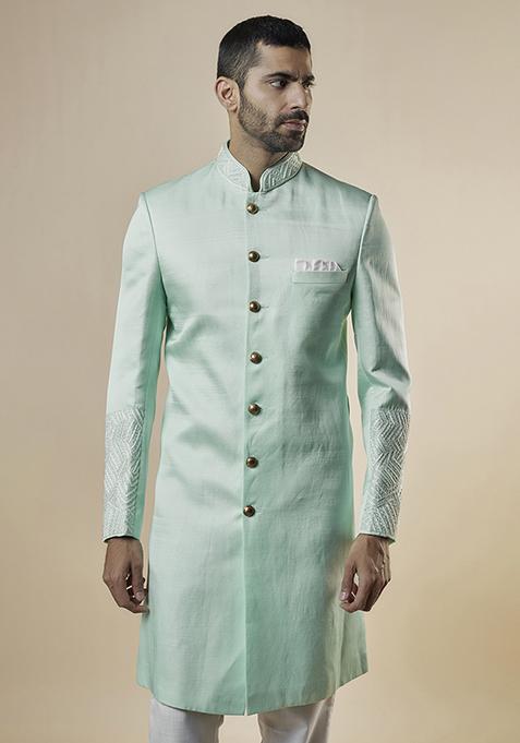 Buy Mint Green Embroidered Sherwani Set For Men - Spring Break - Indya