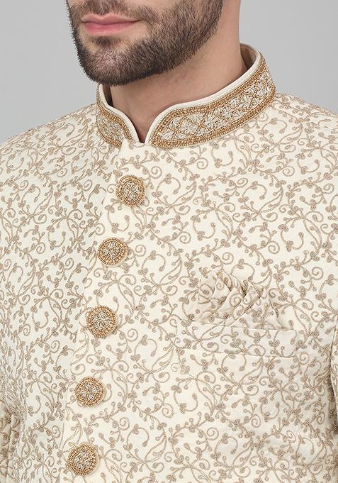 Buy Ivory Floral Zardozi Embroidered Sherwani Set For Men - MBS00157 ...