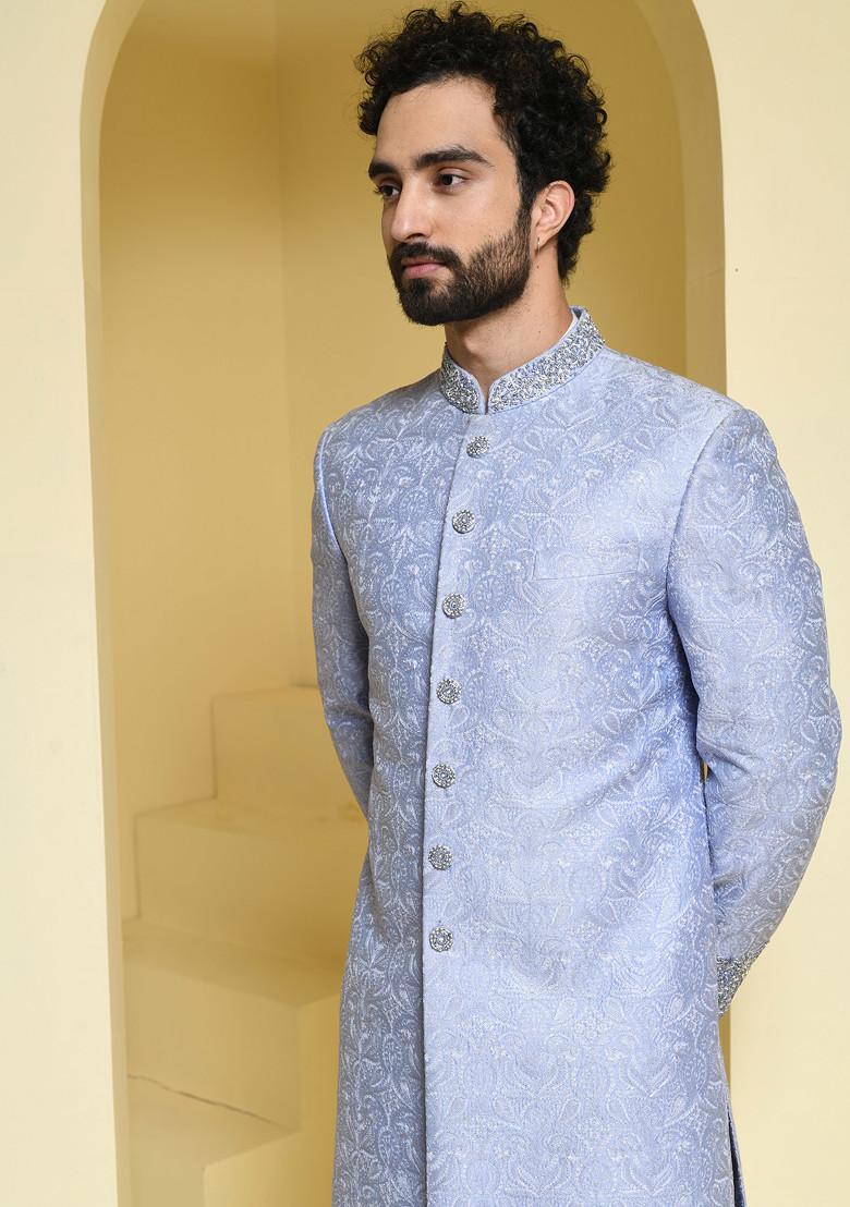Buy Powder Blue Embroidered Sherwani Set For Men - Kustom Eyes - Indya