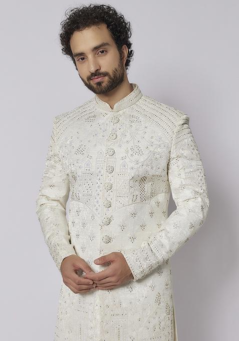 Buy Ash Silver Pearl Embellished Sherwani Set For Men - MBS00232 - Parv ...