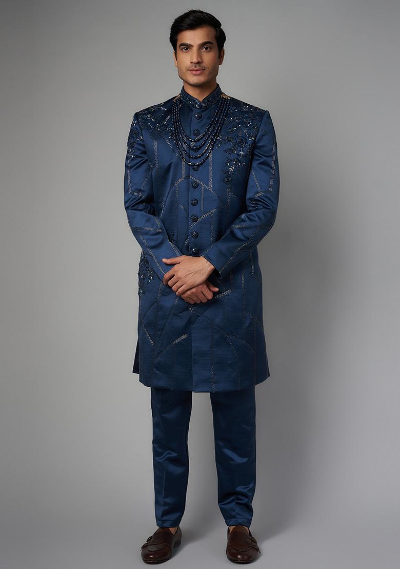 Buy Blue Cutdana Embroidered Indo Western Sherwani Set For Men - MBS00243 - Parv Design Studio ...