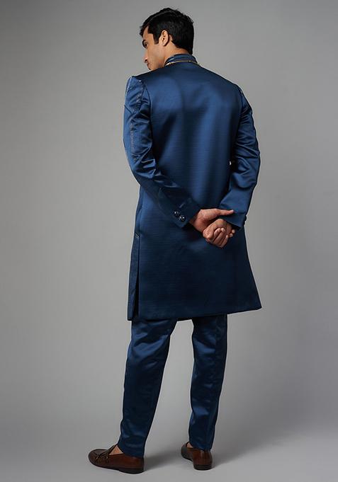 Buy Blue Cutdana Embroidered Indo Western Sherwani Set For Men - MBS00243 - Parv Design Studio ...