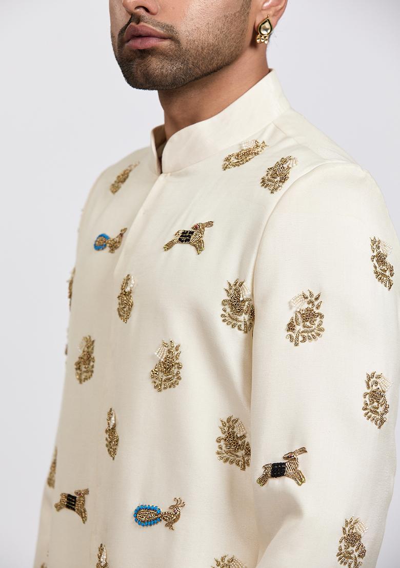 Buy Cream Ranthambore Sherwani Set For Men - MBS00276 - Agraj Jain - Indya