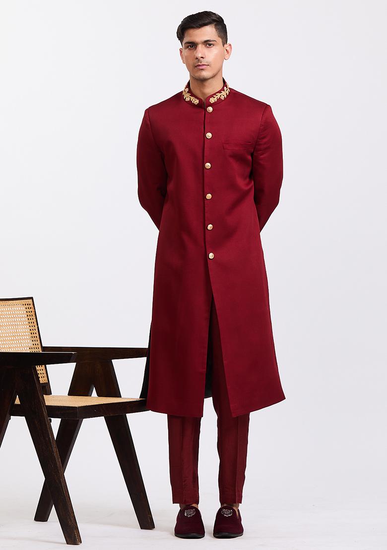 Buy Maroon Embroidered Sherwani Set For Men - MBS00279 - Agraj Jain - Indya