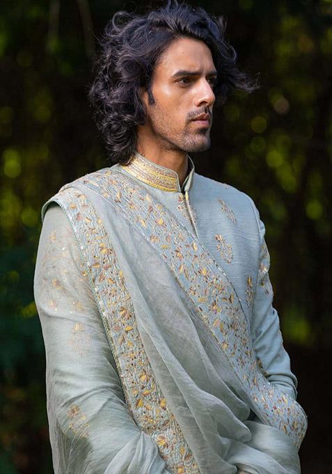 Buy Green Adda Work Sherwani Set For Men - MBS00312 - Ayush Jain - Indya