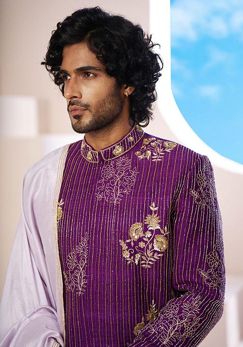 Buy Purple Hand Embroidered Raw Silk Sherwani Set For Men - MBS00511 ...