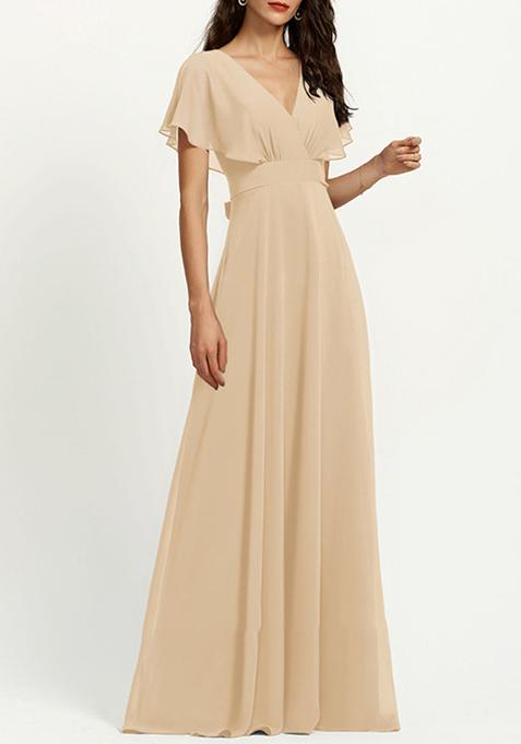 Buy Women Beige A-Line V-Neck Chiffon Gown - MFD05627 - Evening - Indya