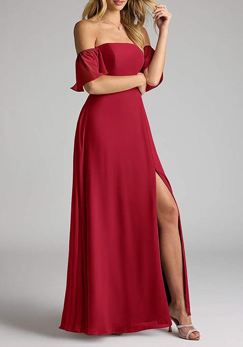 Buy Women Bright Red Flowy Off Shoulder Chiffon Gown - MFD10068 ...