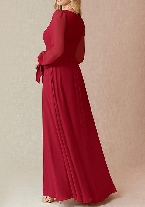 Buy Women Bright Red Flowy Long Sleeve Chiffon Gown - MFD10087 - Brides ...