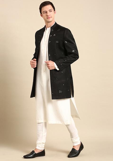 Buy Black Mirror Embroidered Long Open Jacket For Men - MJC00017 - Open ...