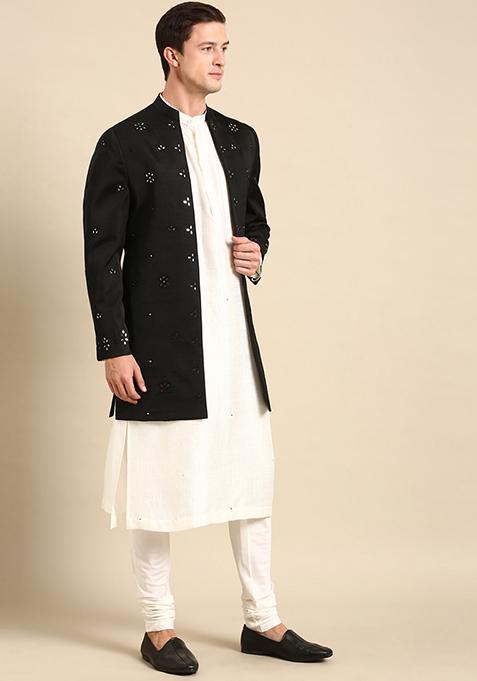 Buy Black Mirror Embroidered Long Open Jacket For Men - MJC00017 - Open ...