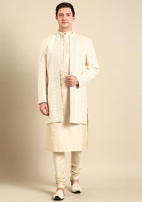 Buy Ivory Jacquard Silk Long Open Jacket For Men - MJC00020 - Open ...