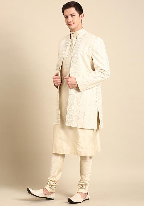 Buy Ivory Jacquard Silk Long Open Jacket For Men - MJC00020 - Open ...