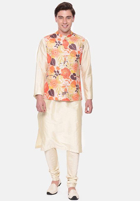 Buy Orange And Beige Floral Print Muslin Nehru Jacket For Men ...