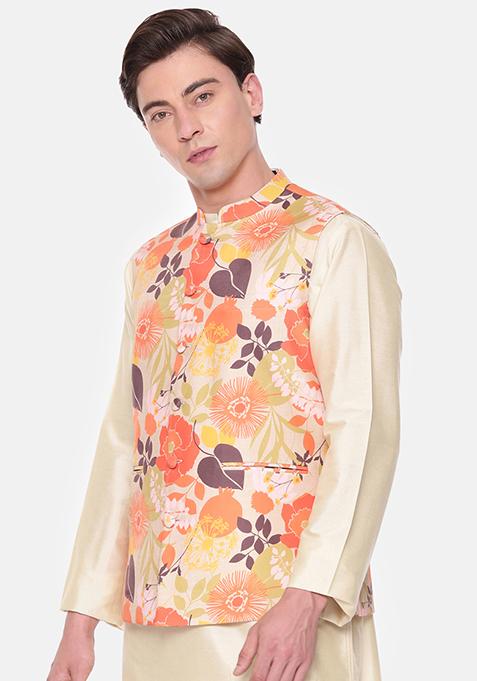 Buy Orange And Beige Floral Print Muslin Nehru Jacket For Men ...