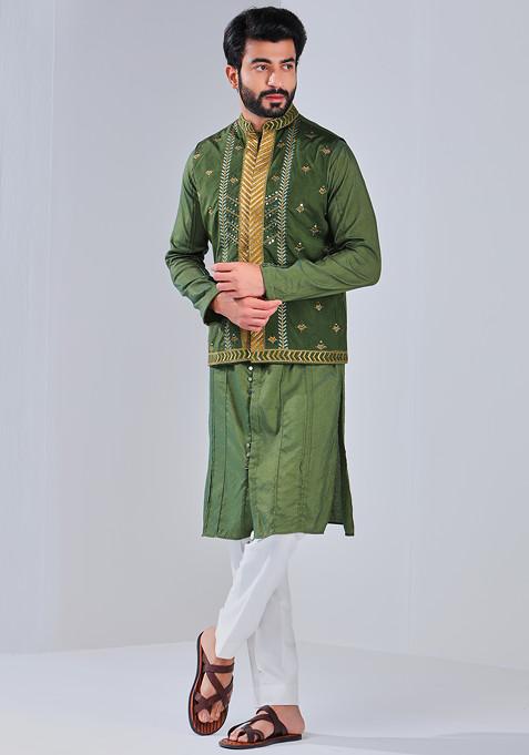 Buy Mehndi Green Embroidered Nehru Jacket For Men - MJC00065 ...