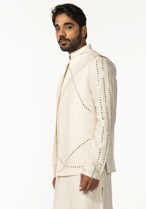 Buy Ivory Embroidered Mirror Work Jacket For Men - KAKA Calcutta - Indya