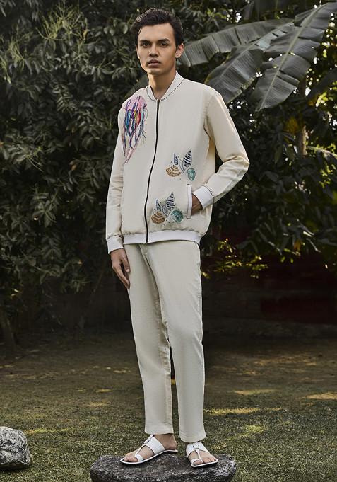 Buy Ivory Embroidered Azure Bomber Jacket For Men - MJC00148 - Vaani ...
