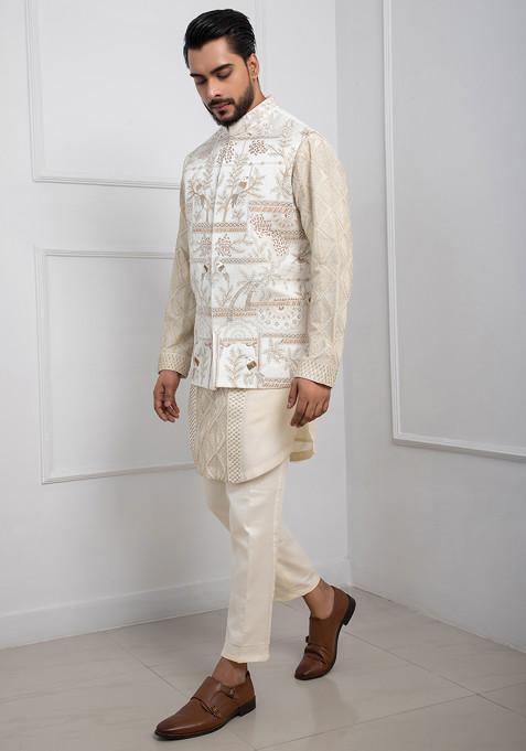 Buy Ivory Hand Embroidered Linen Satin Nehru Jacket For Men - MJC00226 ...