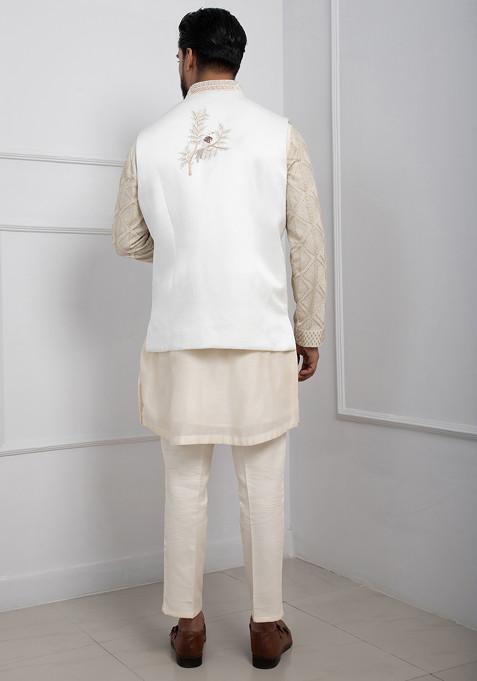 Buy Ivory Hand Embroidered Linen Satin Nehru Jacket For Men - MJC00226 ...