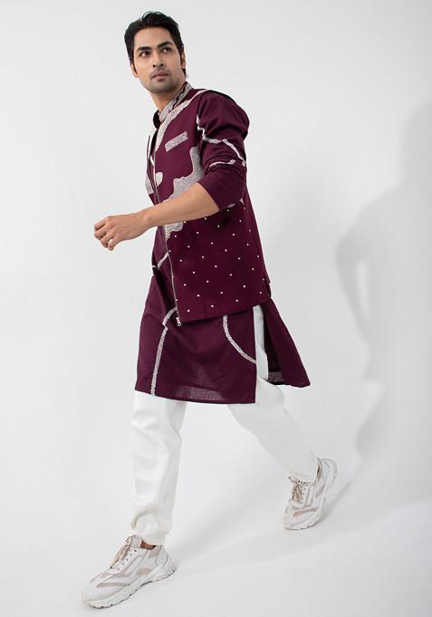Buy Maroon Hand Embroidered Khadi Cotton Nehru Jacket For Men ...