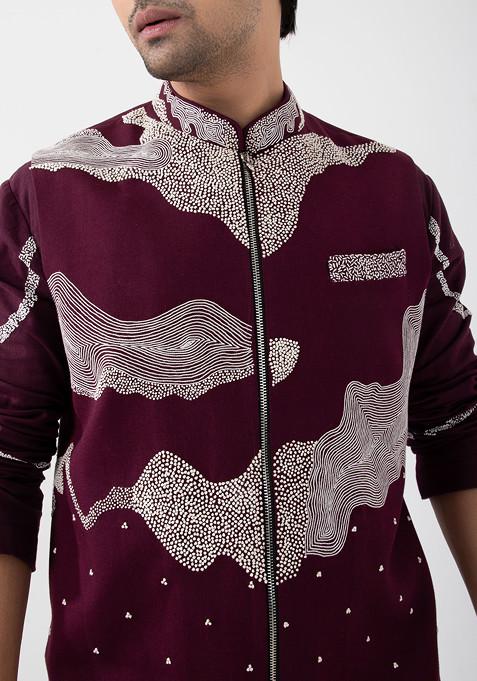 Buy Maroon Hand Embroidered Khadi Cotton Nehru Jacket For Men ...