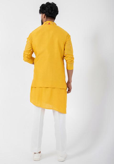 Buy Yellow Hand Embroidered Silk Nehru Jacket For Men - MJC00236 - Fits ...