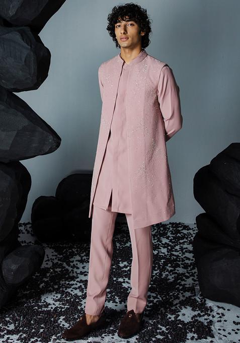 Buy Rose Brown Embroidered Open Jacket With Kurta Set For Men ...