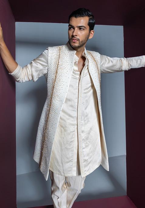 Buy Ivory Embroidered Crystal Open Jacket With Kurta Set For Men ...