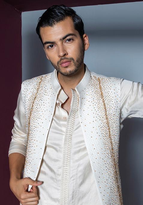 Buy Ivory Embroidered Crystal Open Jacket With Kurta Set For Men ...
