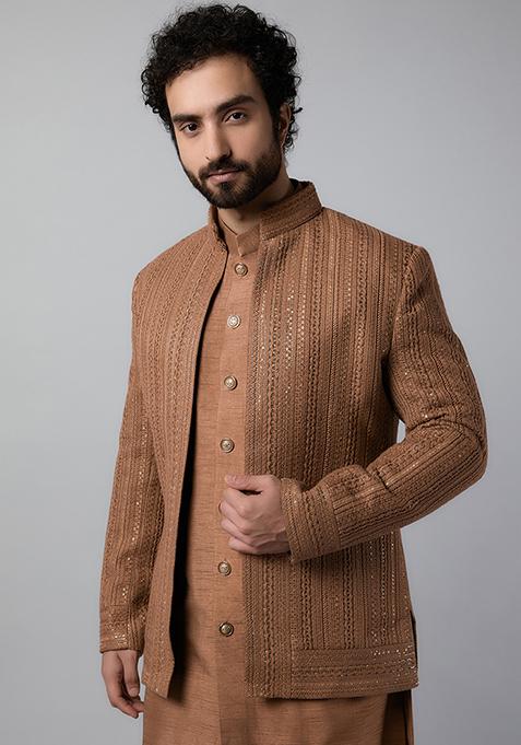 Buy Rust Embroidered Open Jacket And Kurta Set For Men - MKC00217 ...