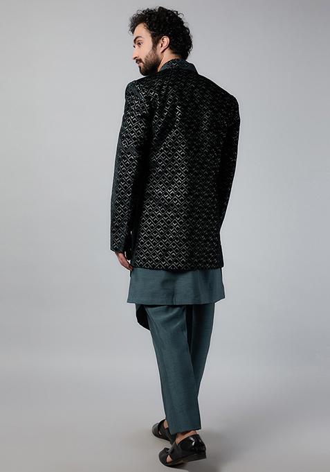 Buy Dark Green Velvet Embroidered Open Jacket And Kurta Set For Men ...