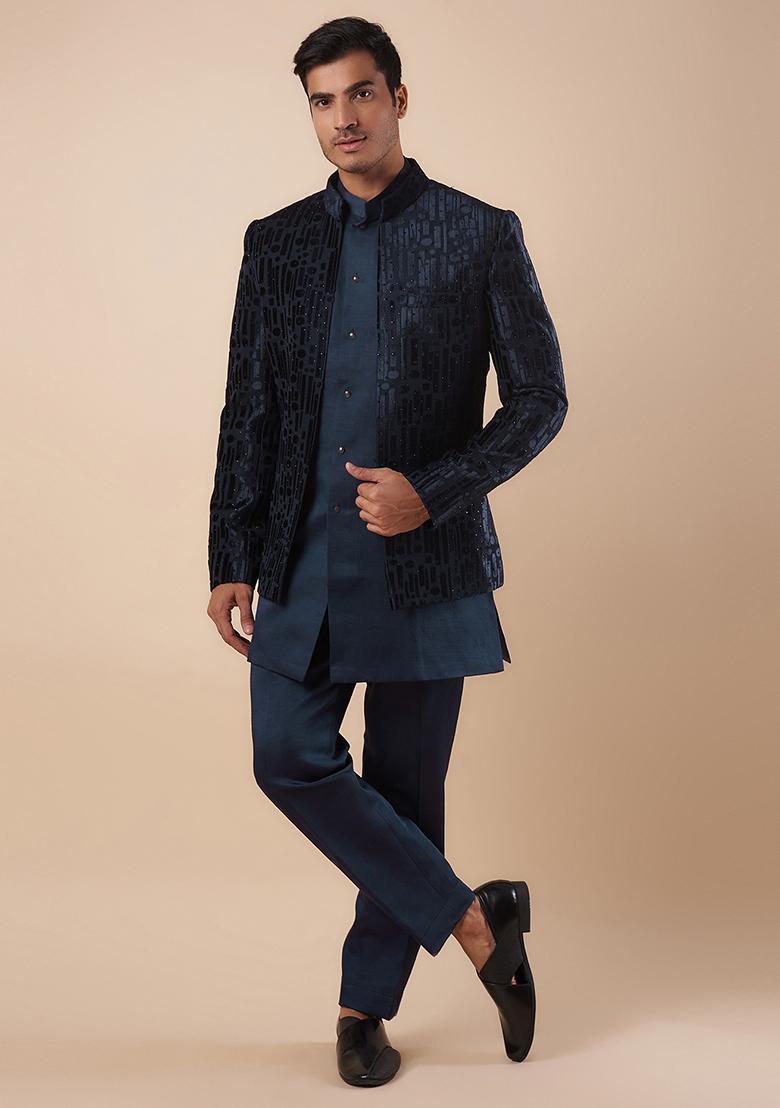 Buy Navy Blue Open Jacket And Kurta Set For Men - Nero By Shifali And ...