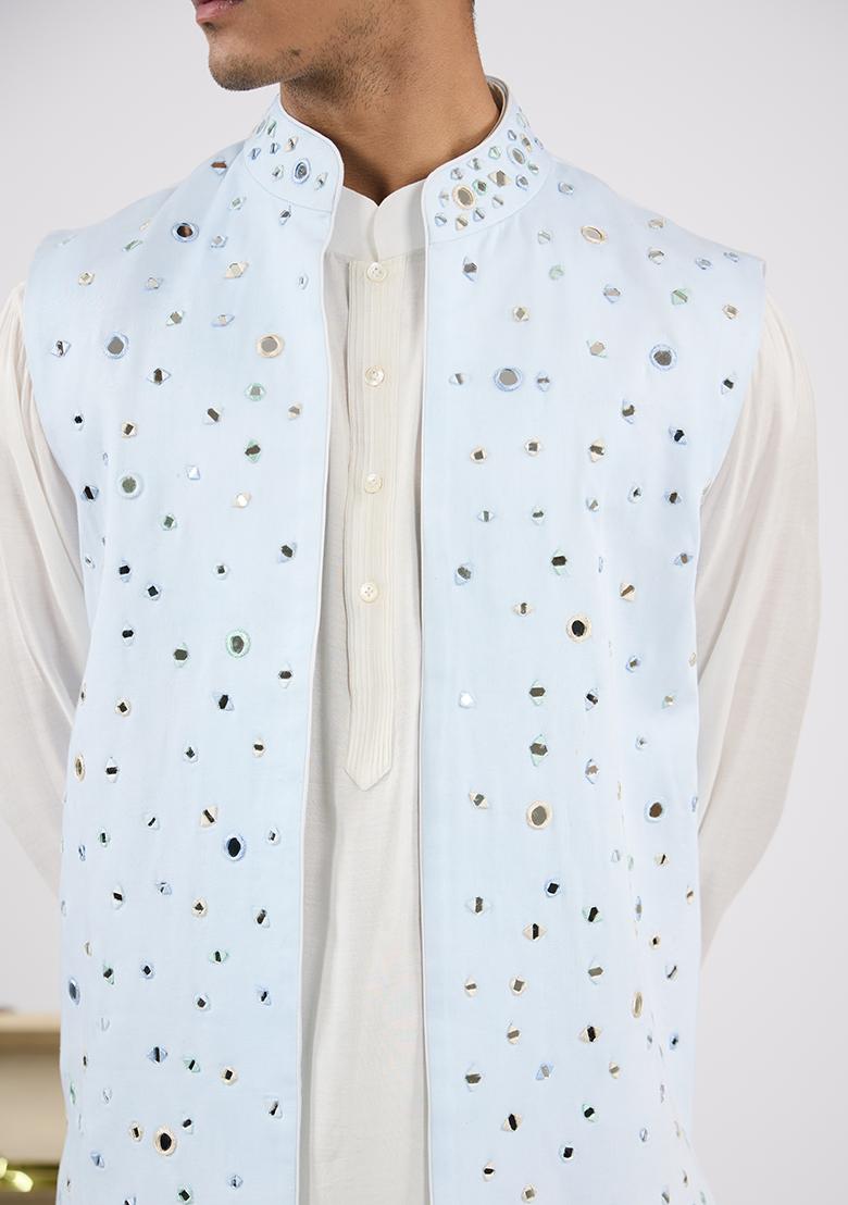 Buy Light Blue Broken Mirror Nehru Jacket And Kurta Set For Men ...