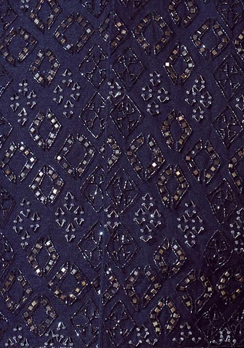 Buy Navy Blue Rang Mahal Embroidered Linen Satin Jacket And Kurta Set ...