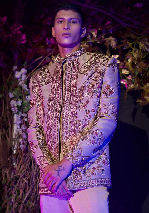 Buy Rust Rang Mahal Embroidered Raw Silk Jacket And Kurta Set For Men ...