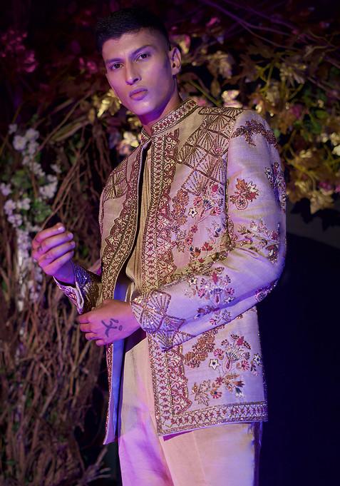 Buy Rust Rang Mahal Embroidered Raw Silk Jacket And Kurta Set For Men ...
