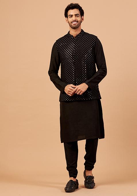 Buy Black Embroidered Nehru Jacket Set For Men - MKC00335 - Fits for ...