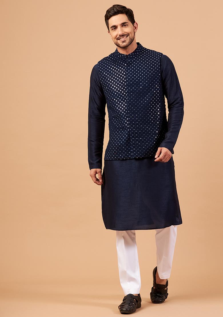 Buy Dark Blue Rolack Embroidered Nehru Jacket Set For Men - MKC00339 ...