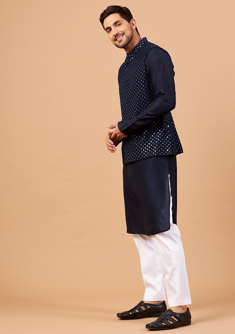 Buy Dark Blue Rolack Embroidered Nehru Jacket Set For Men - MKC00339 ...