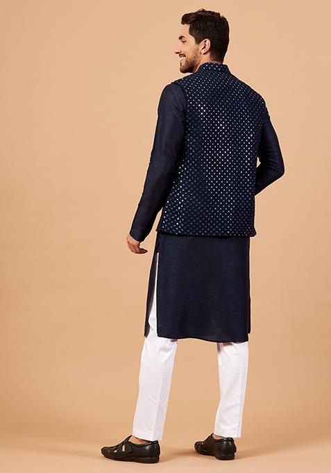 Buy Dark Blue Rolack Embroidered Nehru Jacket Set For Men - MKC00339 ...