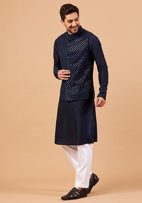 Buy Dark Blue Rolack Embroidered Nehru Jacket Set For Men - MKC00339 ...