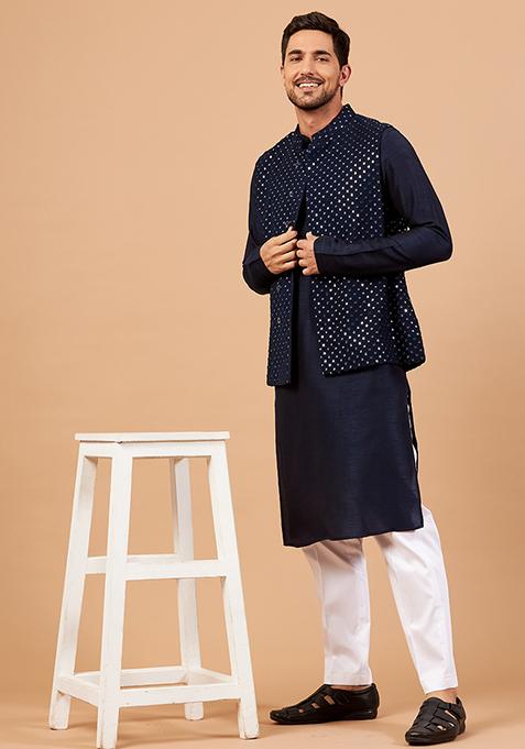 Buy Dark Blue Rolack Embroidered Nehru Jacket Set For Men - MKC00339 ...
