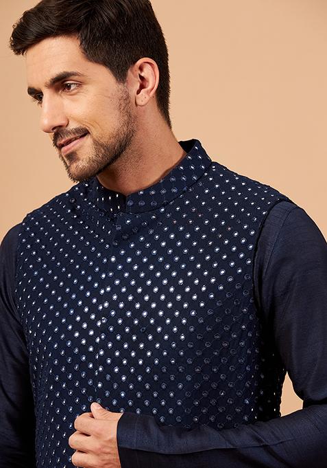 Buy Dark Blue Rolack Embroidered Nehru Jacket Set For Men - MKC00339 ...