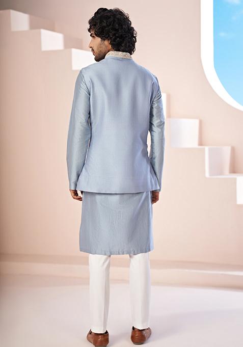 Buy Powder Blue Embroidered Cotton Satin Nehru Jacket Set For Men ...