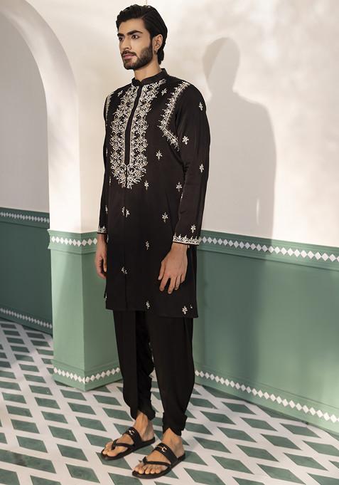 Buy Black Floral Mirror Thread Embroidered Kurta Set For Men - MKS00268 ...