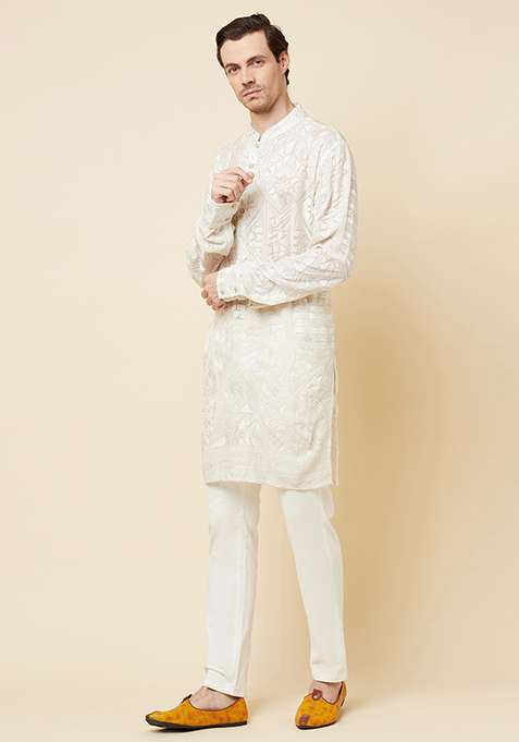 Buy White Lucknowi Kurta Set For Men - MKS00339 - Spring Break - Indya