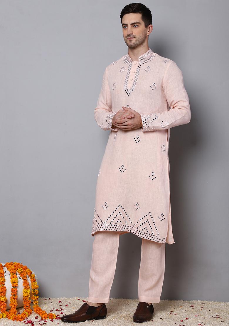 Buy Peach Aliyah Mirror Work Kurta Set For Men - Menero - Indya