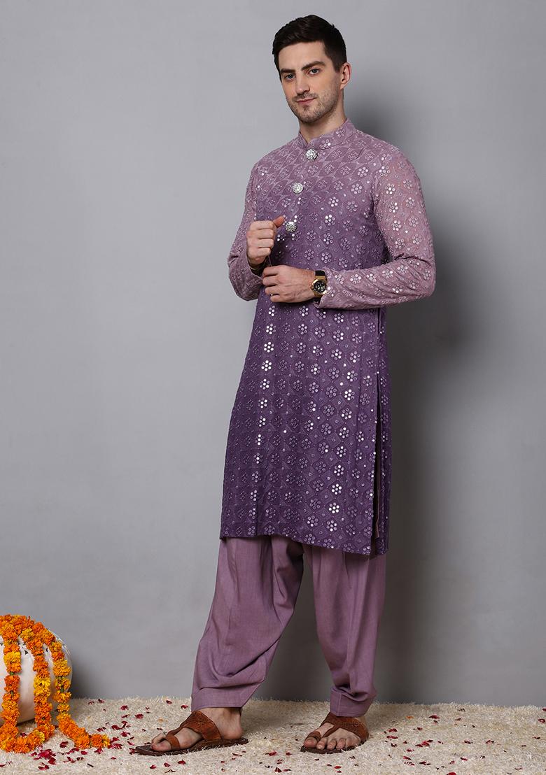 Buy Purple Ombre Mirror Work Kurta Set For Men - Menero - Indya