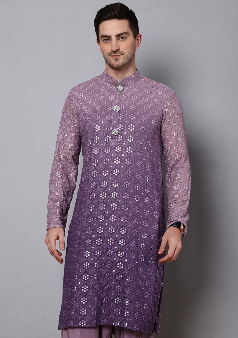Buy Purple Ombre Mirror Work Kurta Set For Men - Menero - Indya